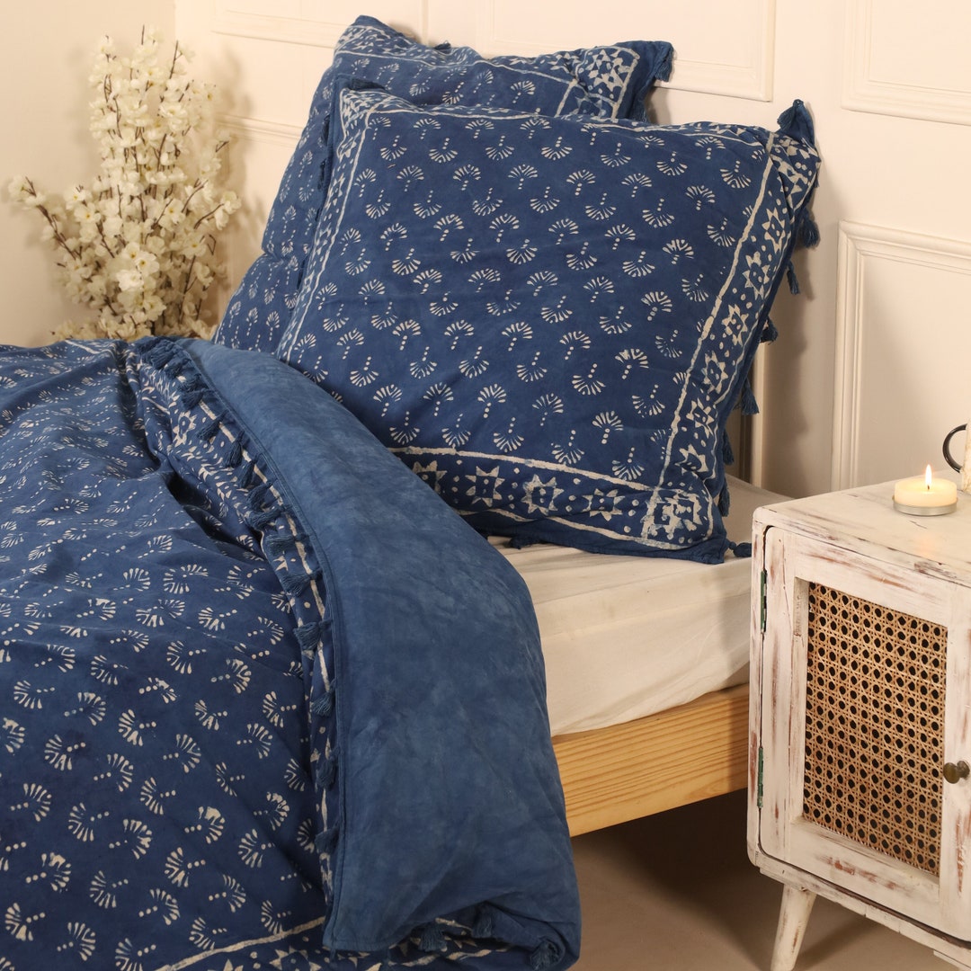 Indigo Blue Block-printed Bed Linen - Boho Duvet Cover for Single Bed ...