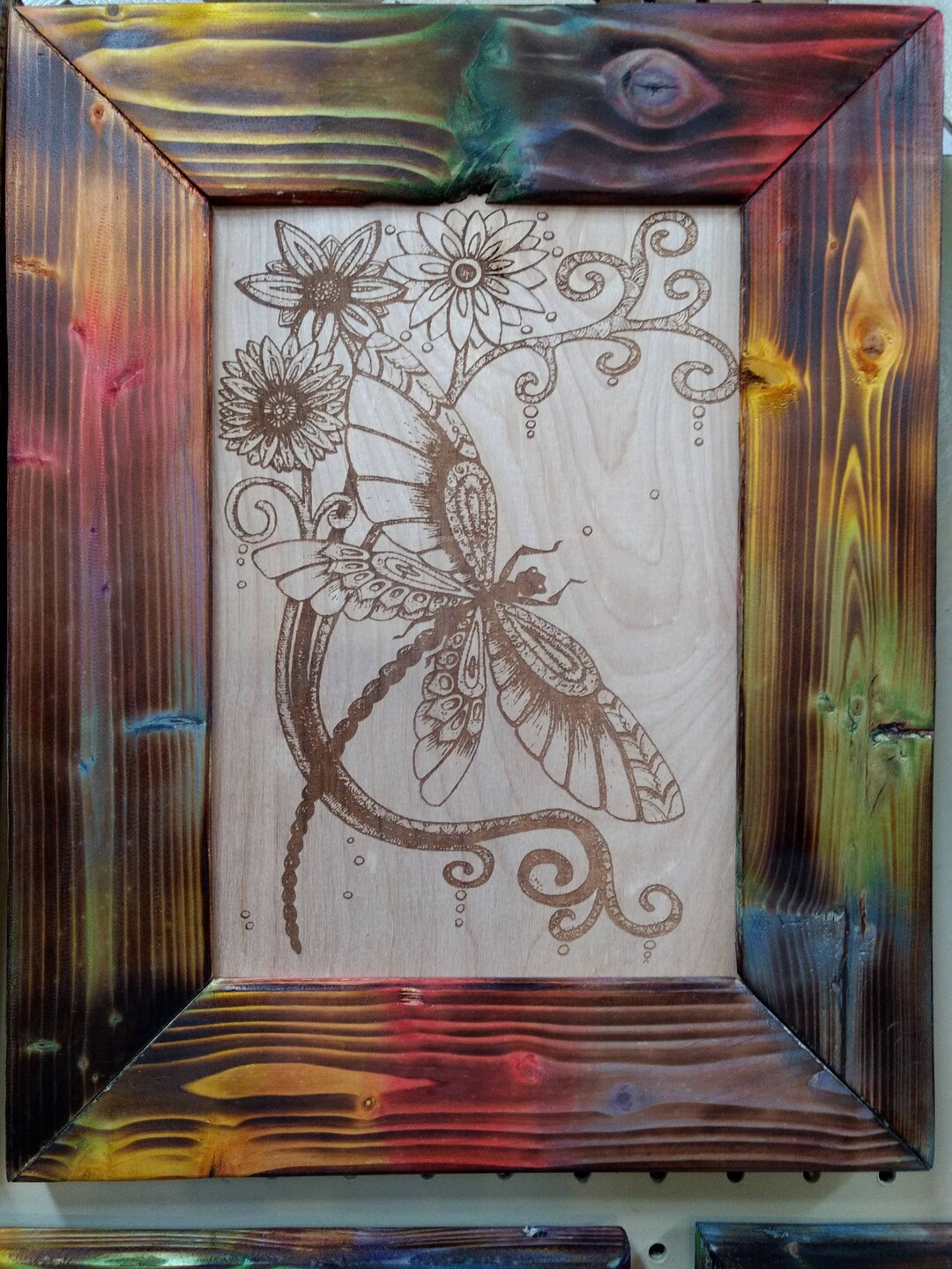Laser Engraved Dragonfly & Flowers Image With Handmade Rustic Frame - Etsy