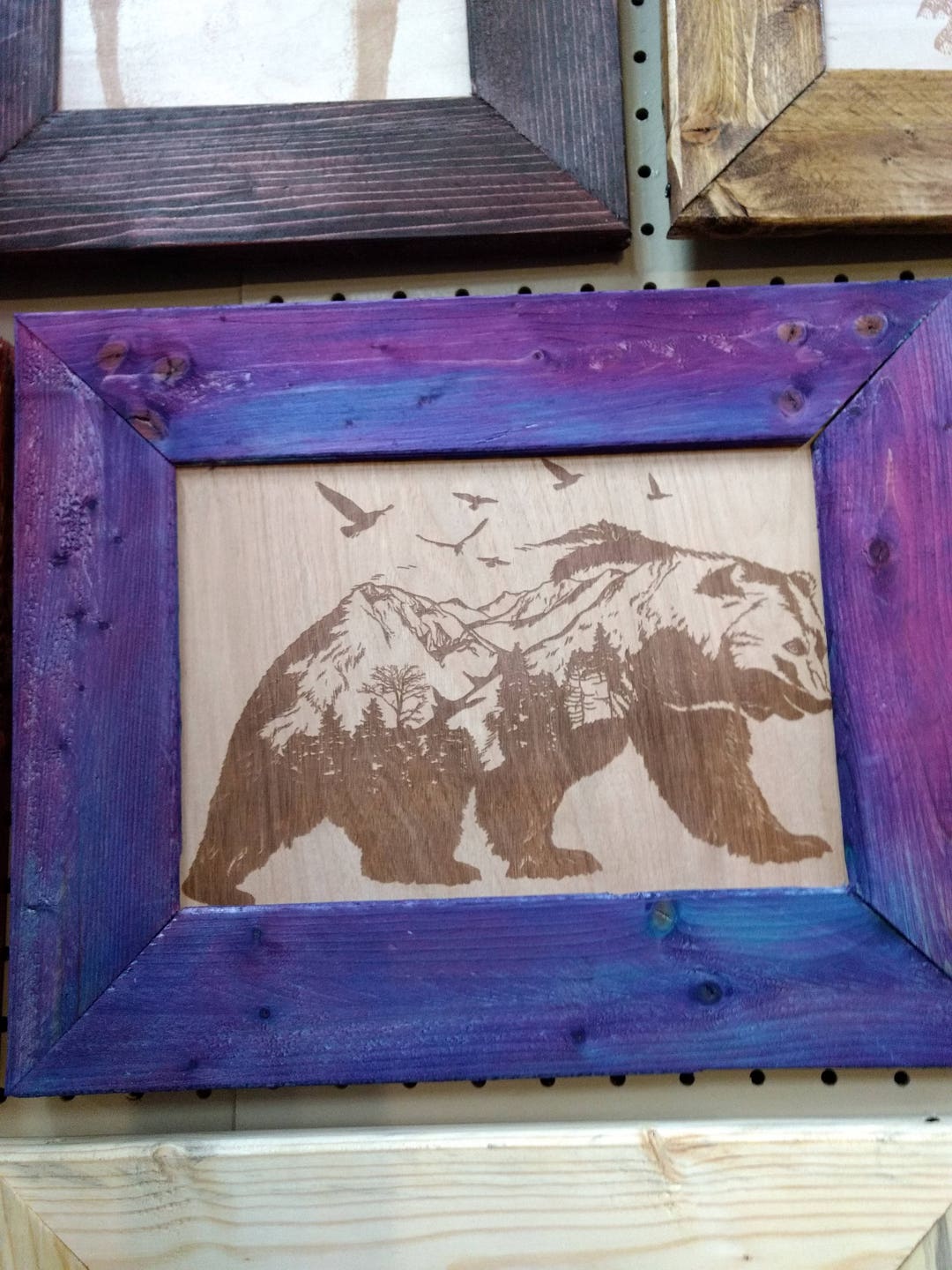 Laser Engraved Bear With Mountain Scene With Birds Image With Handmade ...
