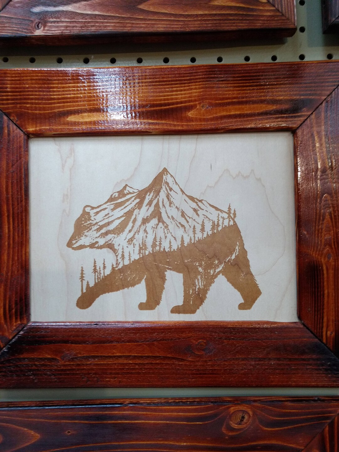 Laser Engraved Bear With Mountain Scene Image With Handmade Rustic ...