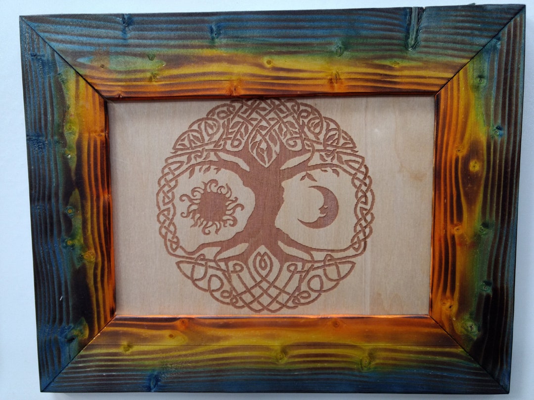 Tree of Life W/ Moon & Sun Laser Engraving in a Handmade Rustic Frame ...