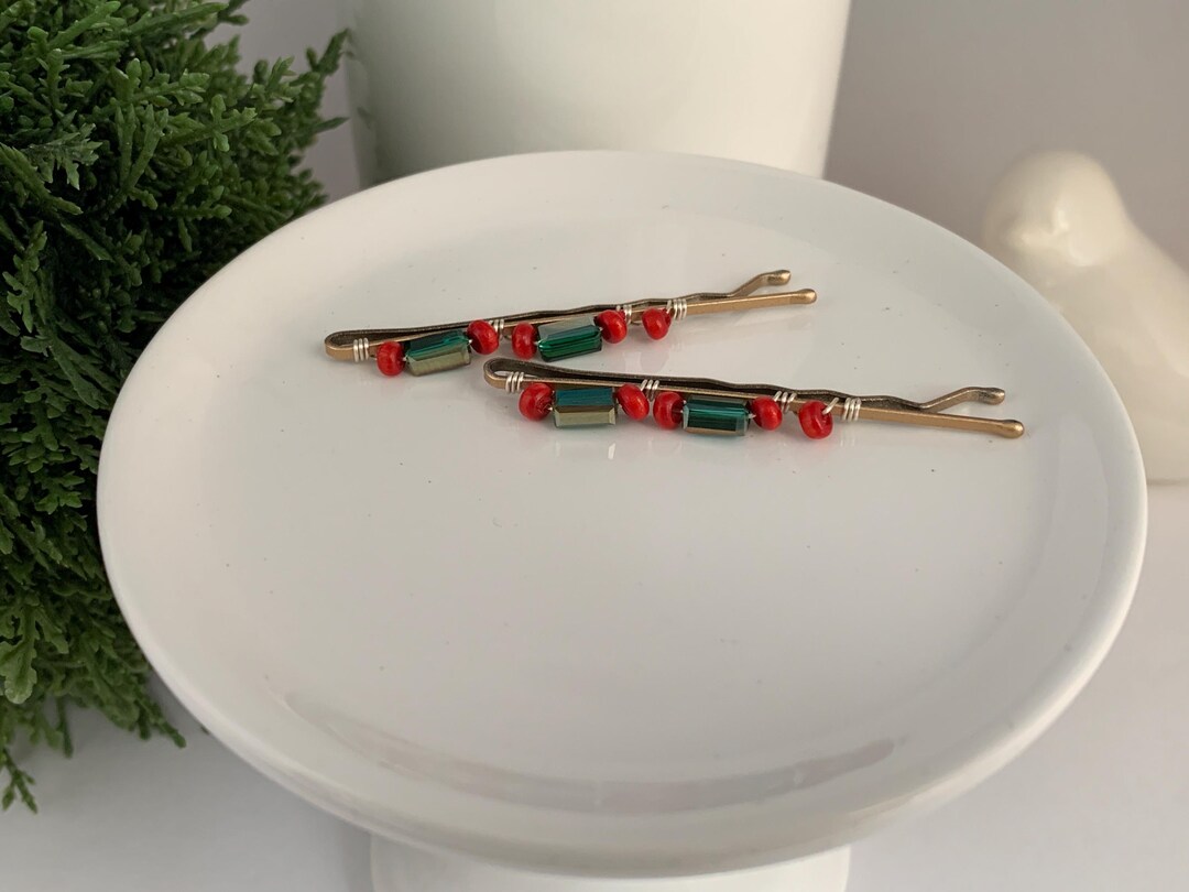 Advent Calendar Gift, Green and Red Bobby Pins, Beaded Hair Slides ...