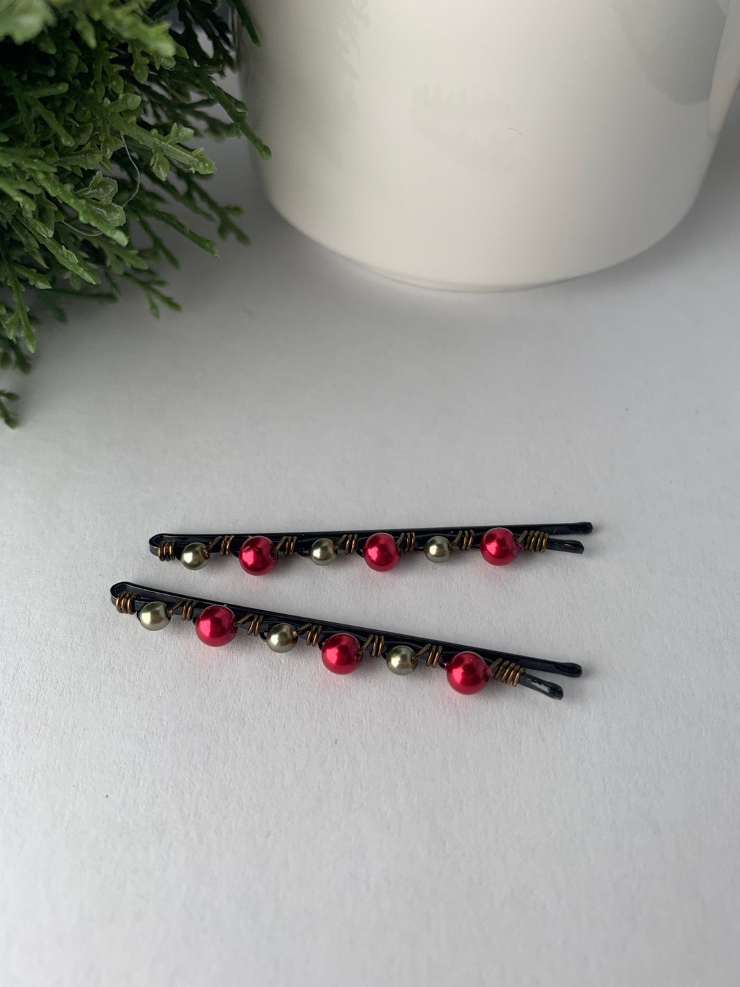 Christmas Bobby Pins, Red and Green Pearl Hair Clips, Pearl Hair Slides ...