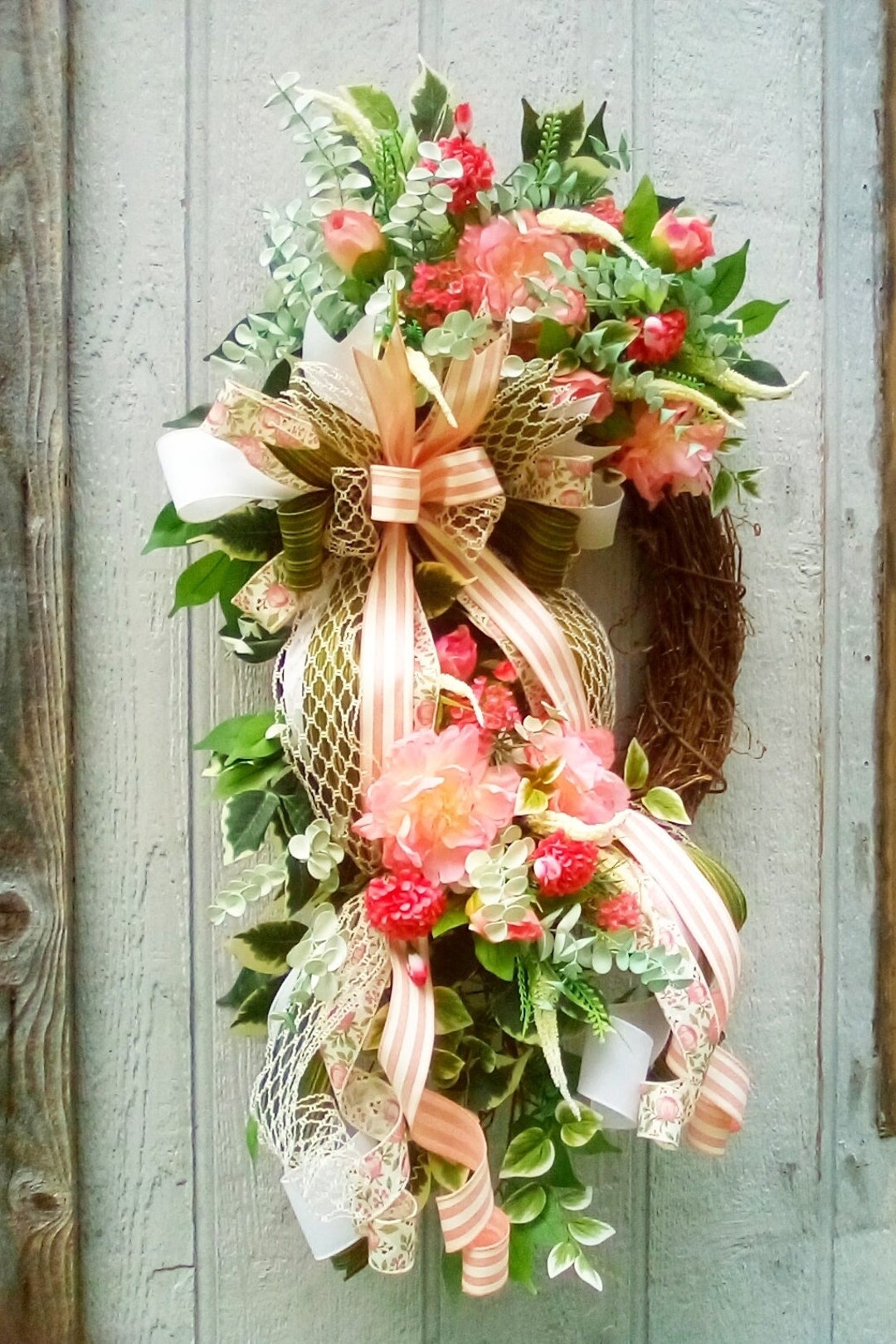 Victorian Style Grapevine Wreath, Salmon and Cream Decor,camellia ...