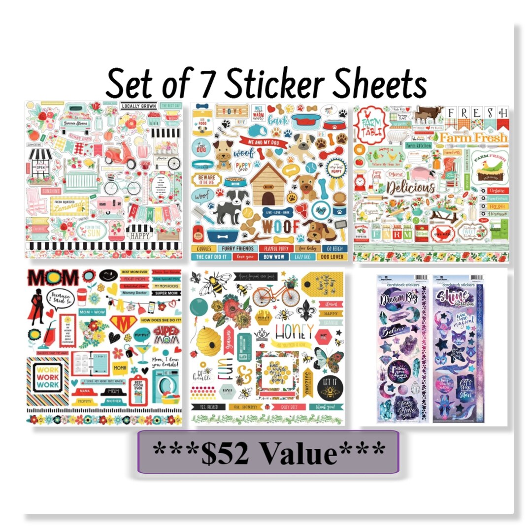 Set of 7, Sticker Sheets, Individual Stickers, Bulk Stickers, 12 Inch ...