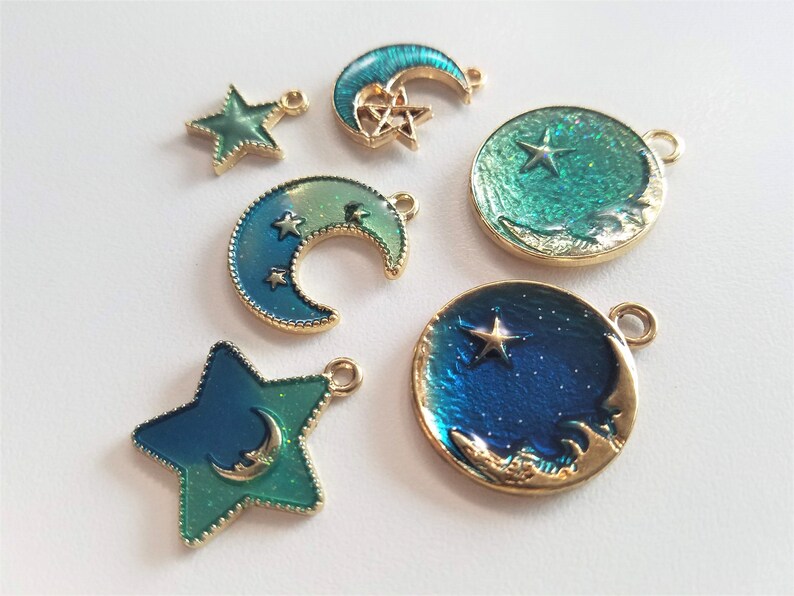 Set of 6 Moon Pendants Celestial Charms Blue Enamel Charms - Etsy
