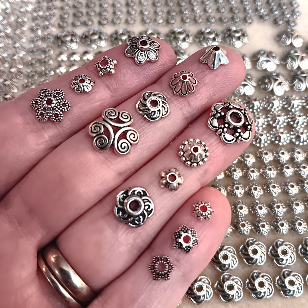 Set of 58, Bead Caps, Spacer Beads, Flower Caps, Floral Spacers, Silver ...