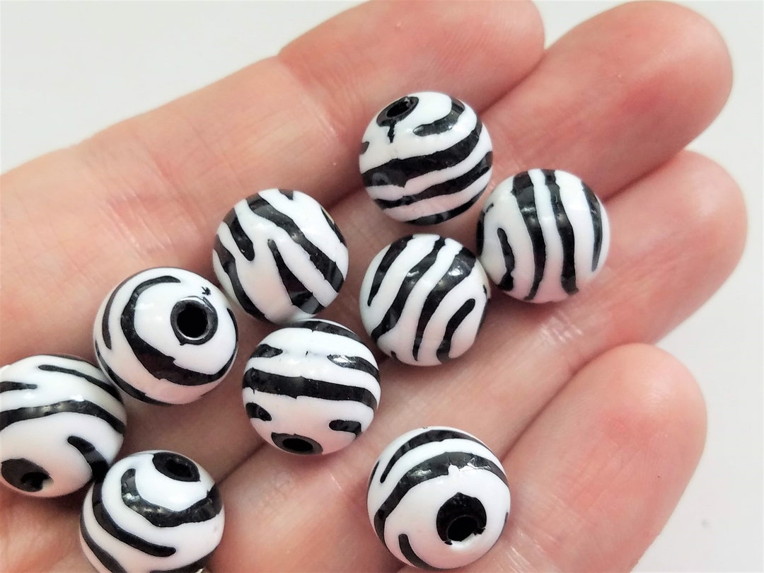 Set of 50, Zebra Beads, 11mm Round, Striped Beads, Opaque Acrylic ...