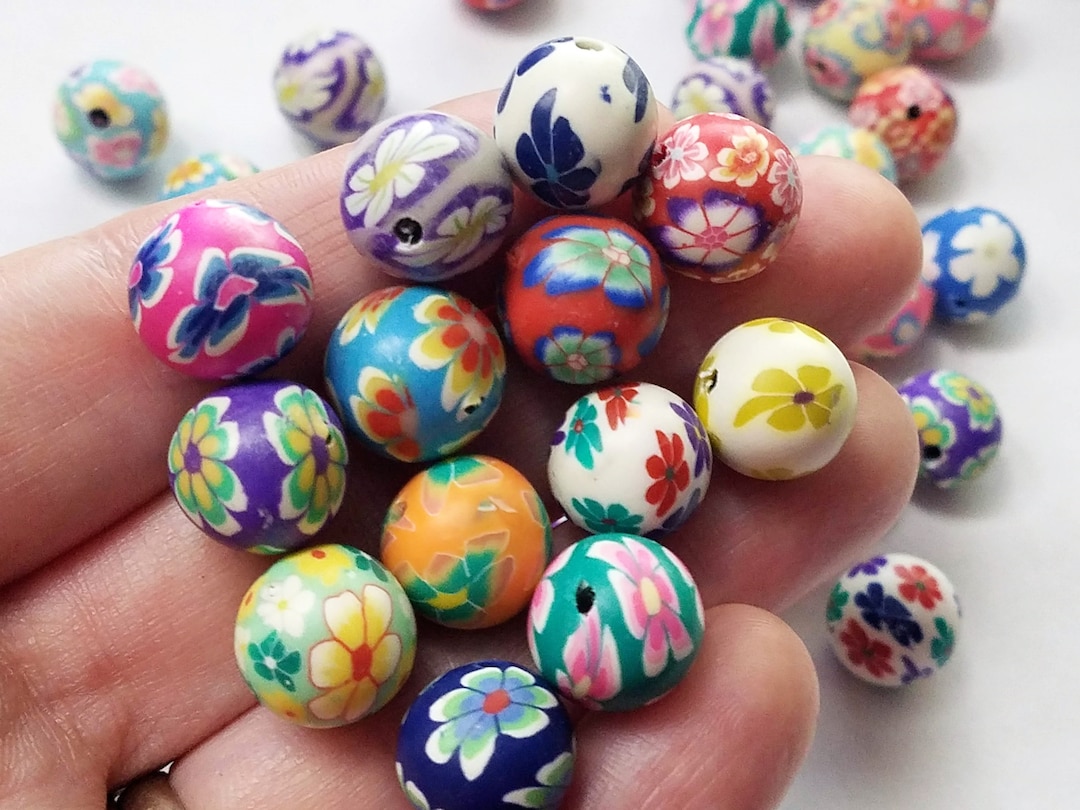 Set of 25, Round Clay Beads, 12mm Handmade Polymer, Floral, Mixed ...