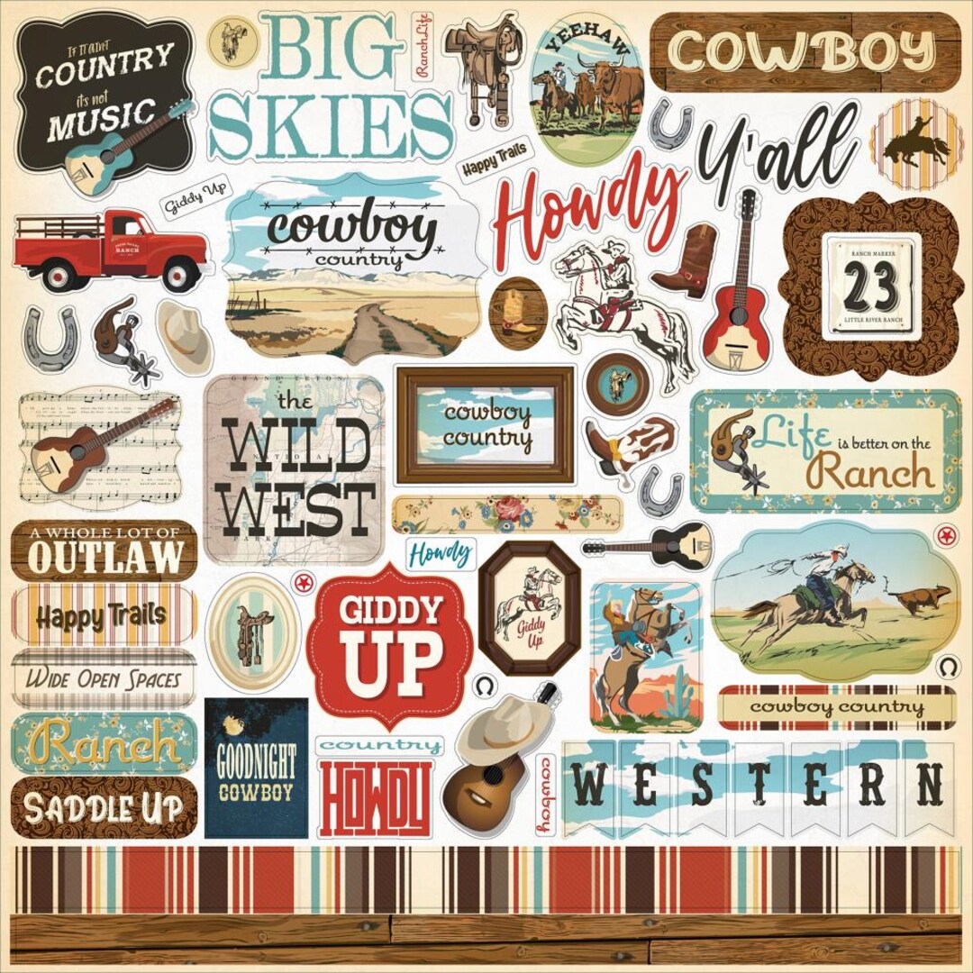 Cowboys Stickers, 12"x12" Cardstock Scrapbook Stickers, Wild West ...