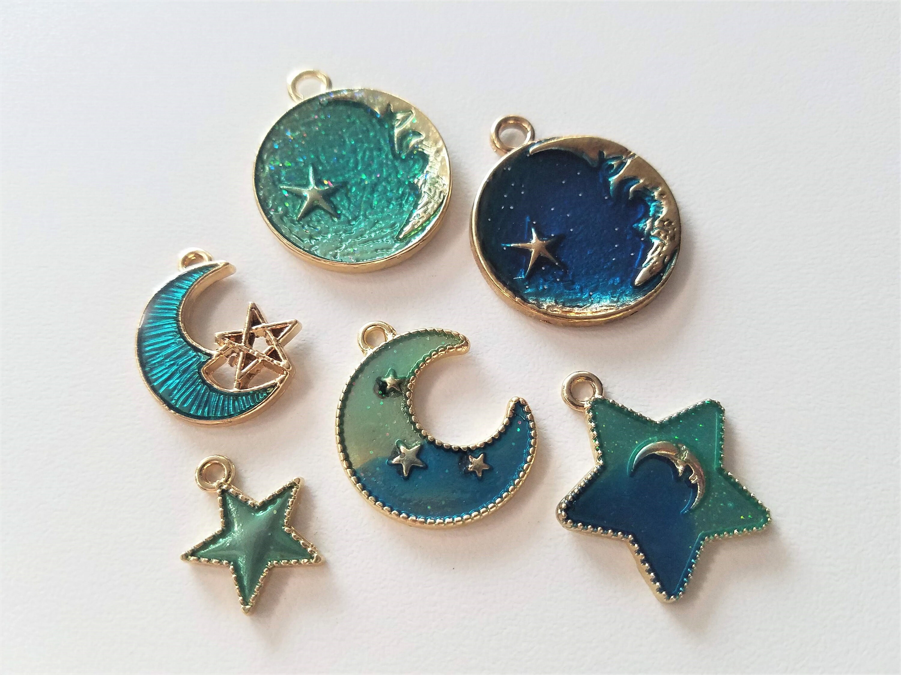 Set of 6 Moon Pendants Celestial Charms Blue Enamel Charms - Etsy