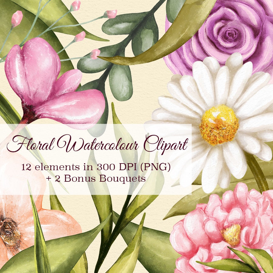 Watercolor Floral Clipart Digital Flower Clipart Elements | Etsy