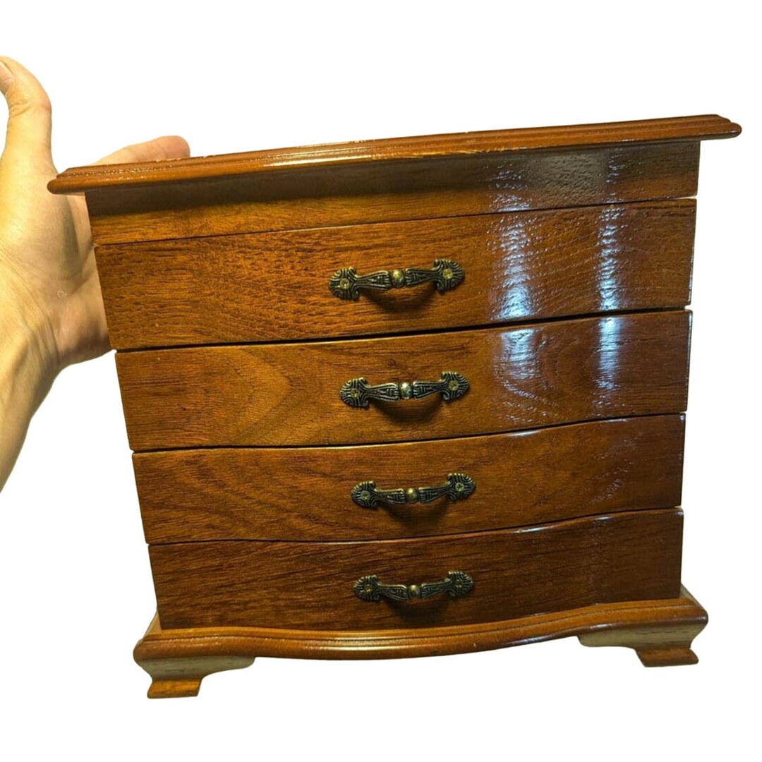 Vintage Mele Jewelry Box Wood Necklace Rack Mirror Drawers Felt Lined ...