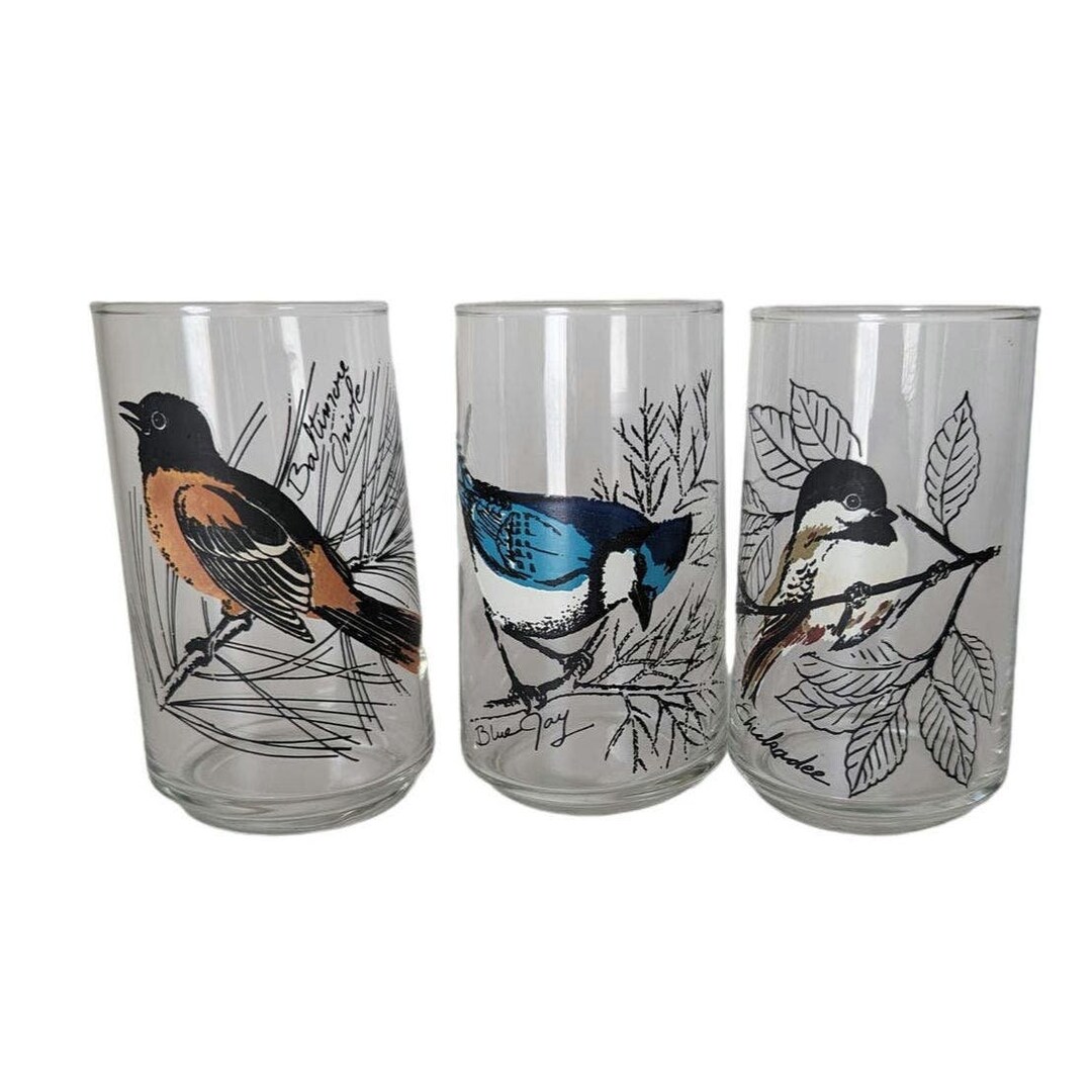 3 Bird Drinking Juice Glasses Oriole Blue Jay Chickadee Vintage Anchor ...