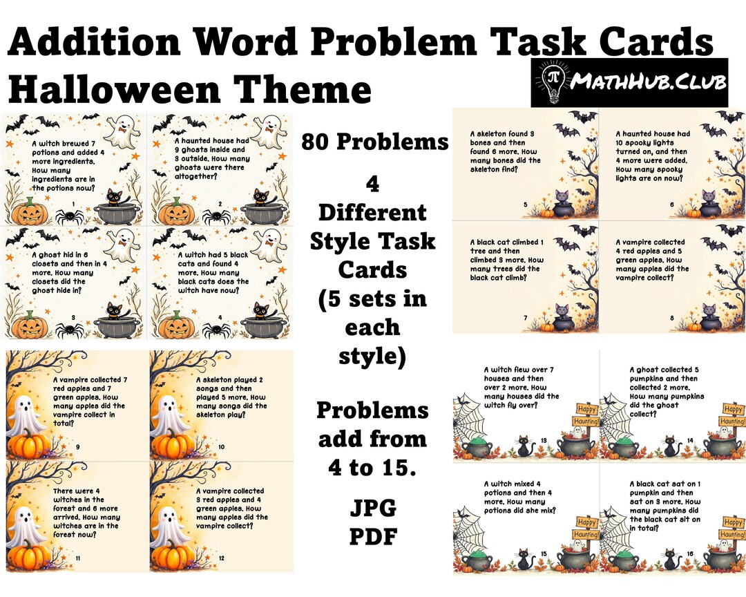 Spooky Addition Word Problems Task Cards | 80 Cards | Half and Whole ...