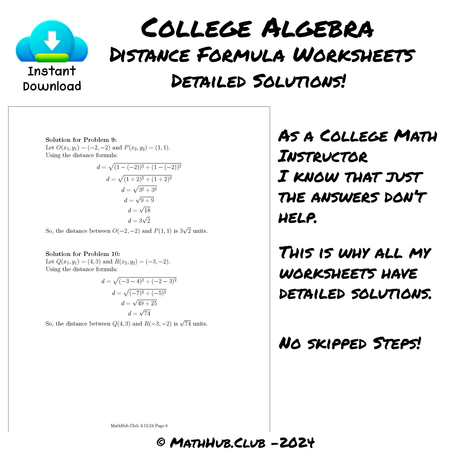 Algebra Distance Formula Worksheets With Detailed Solutions - STEM Math ...