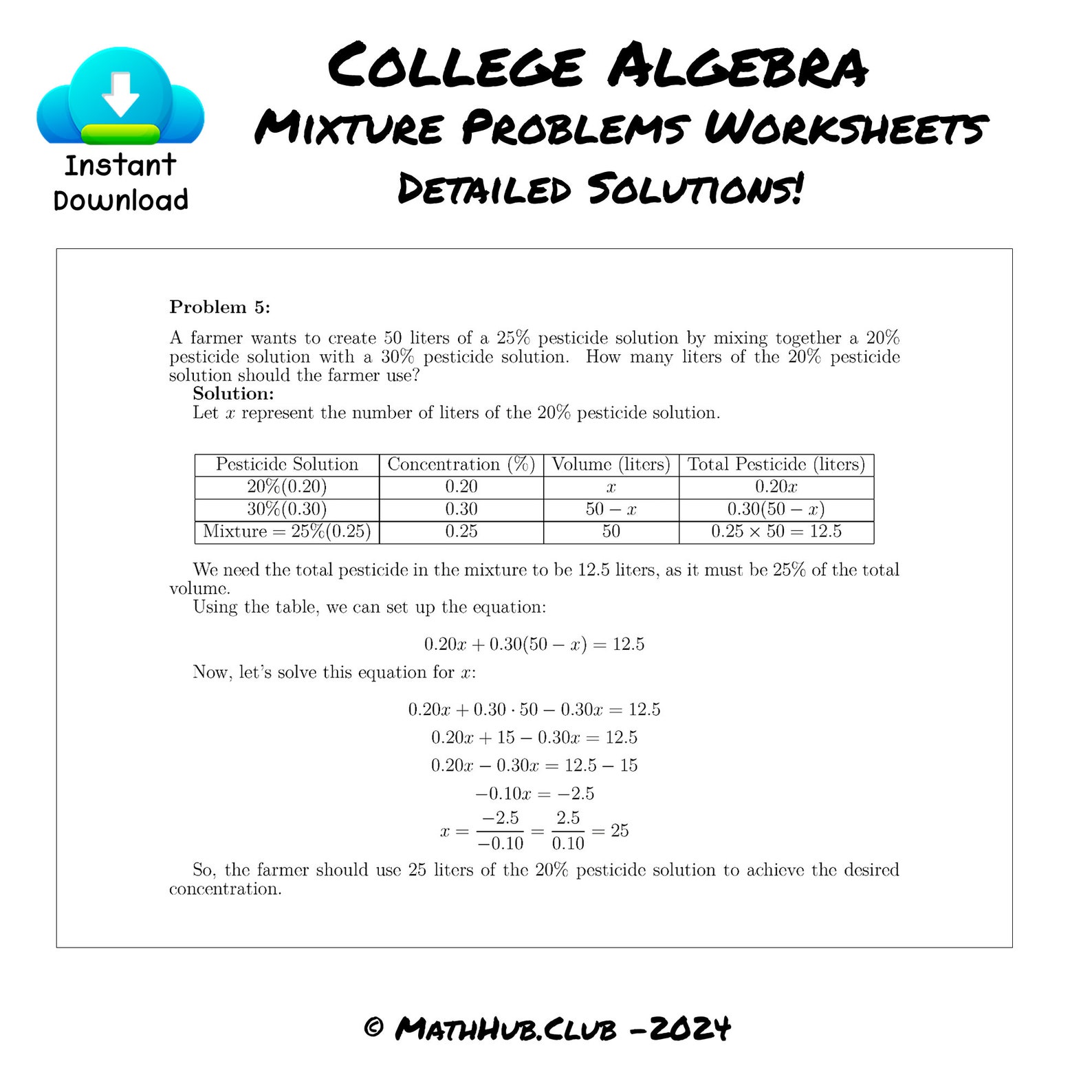 College Algebra Mixture Problems Worksheets With Detailed Solutions ...