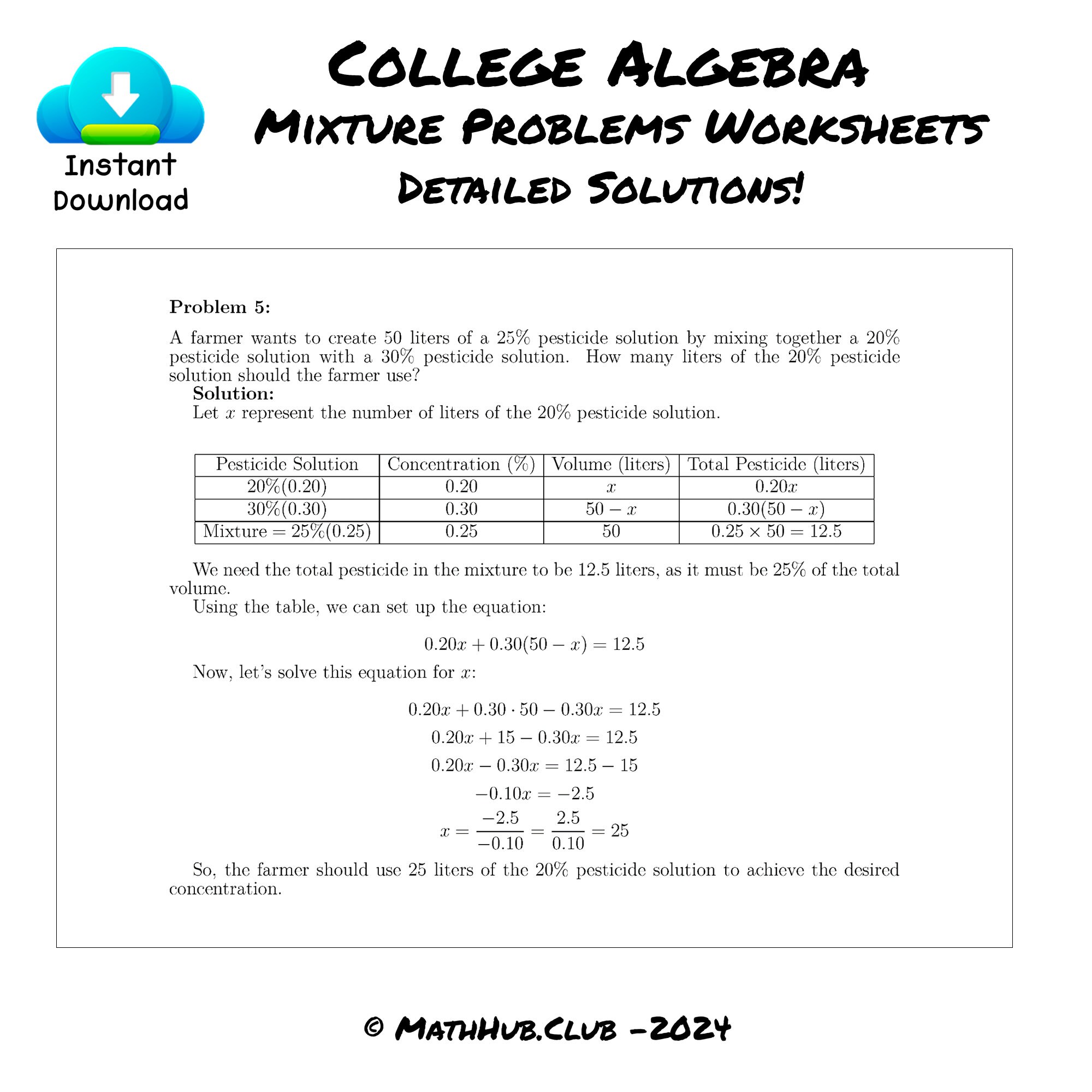College Algebra Mixture Problems Worksheets With Detailed Solutions ...