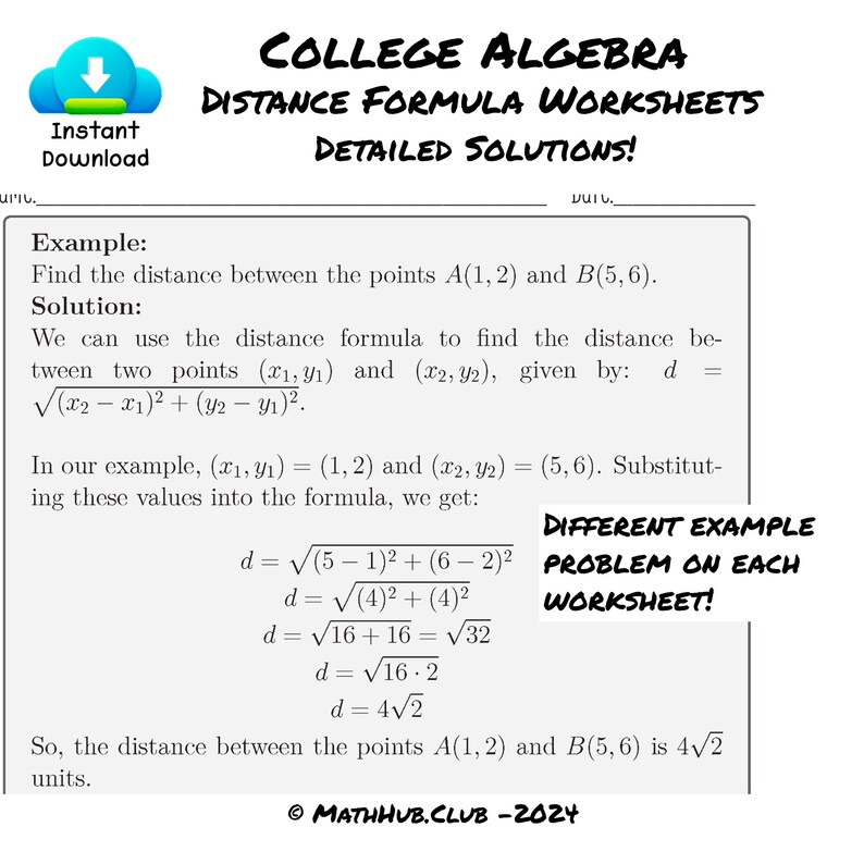 Algebra Distance Formula Worksheets With Detailed Solutions - STEM Math ...
