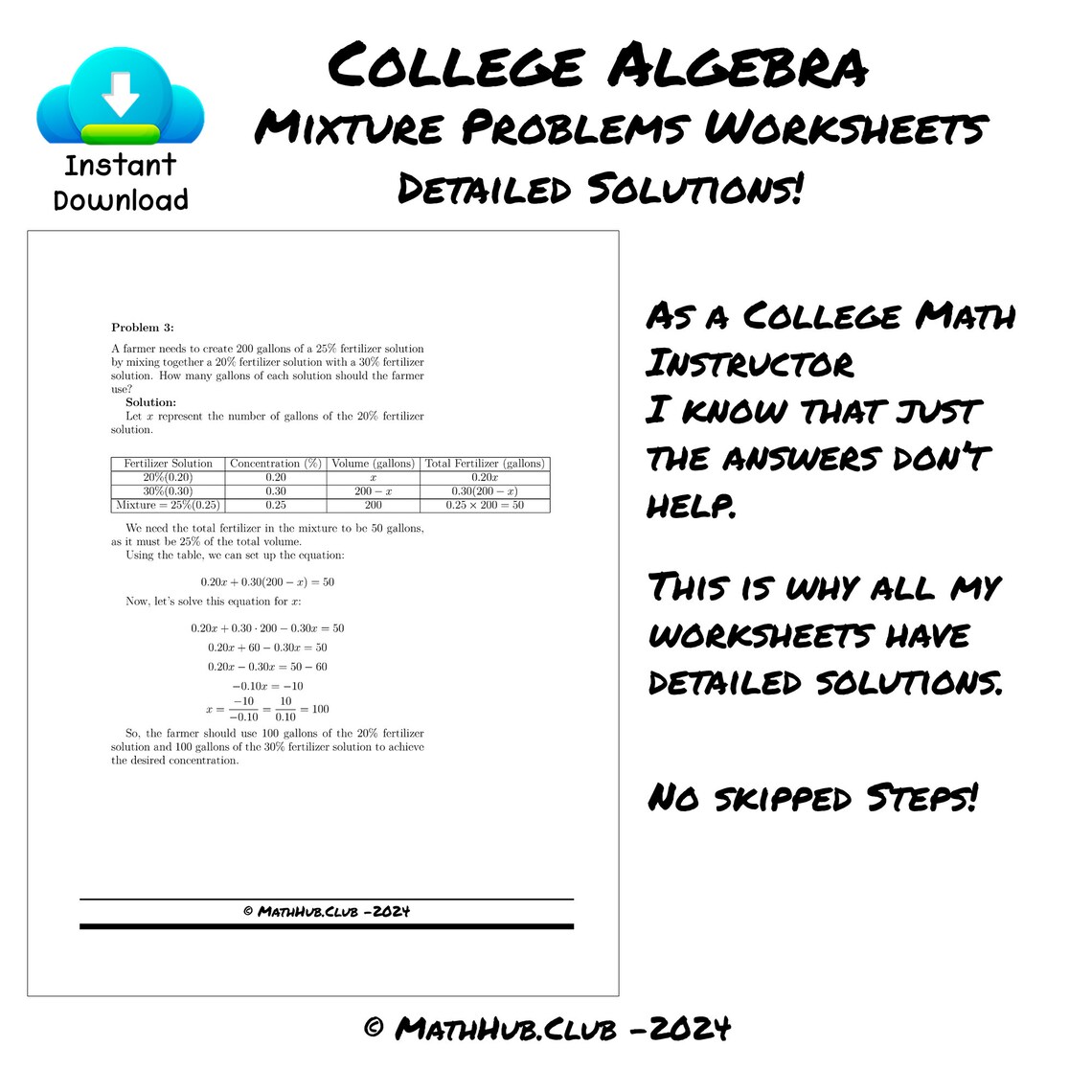 College Algebra Mixture Problems Worksheets With Detailed Solutions ...