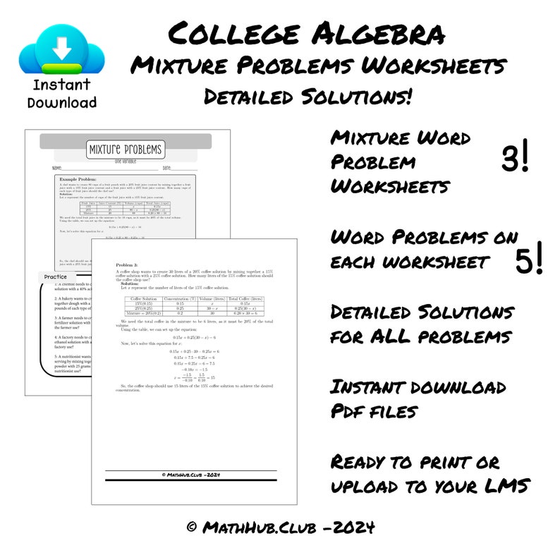 College Algebra Mixture Problems Worksheets With Detailed Solutions ...