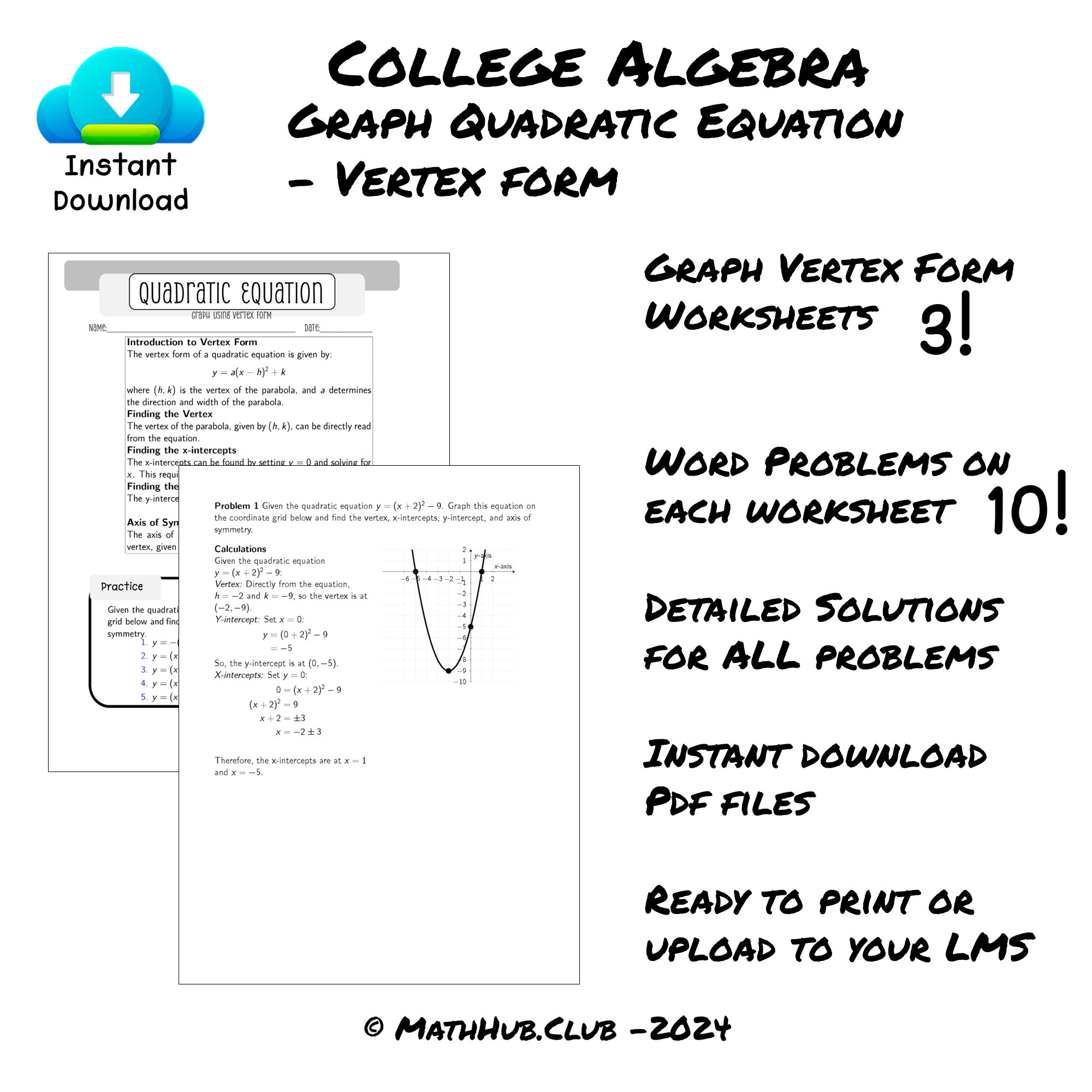 Quadratic Equations Worksheet Bundle: Vertex Equation Graphing ...