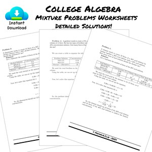 College Algebra Mixture Problems Worksheets With Detailed Solutions ...