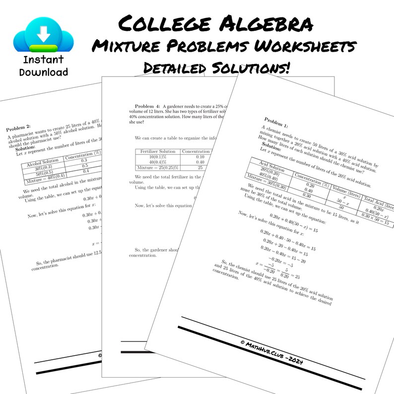 College Algebra Mixture Problems Worksheets With Detailed Solutions ...