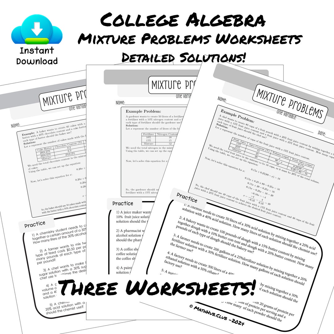College Algebra Mixture Problems Worksheets With Detailed Solutions ...