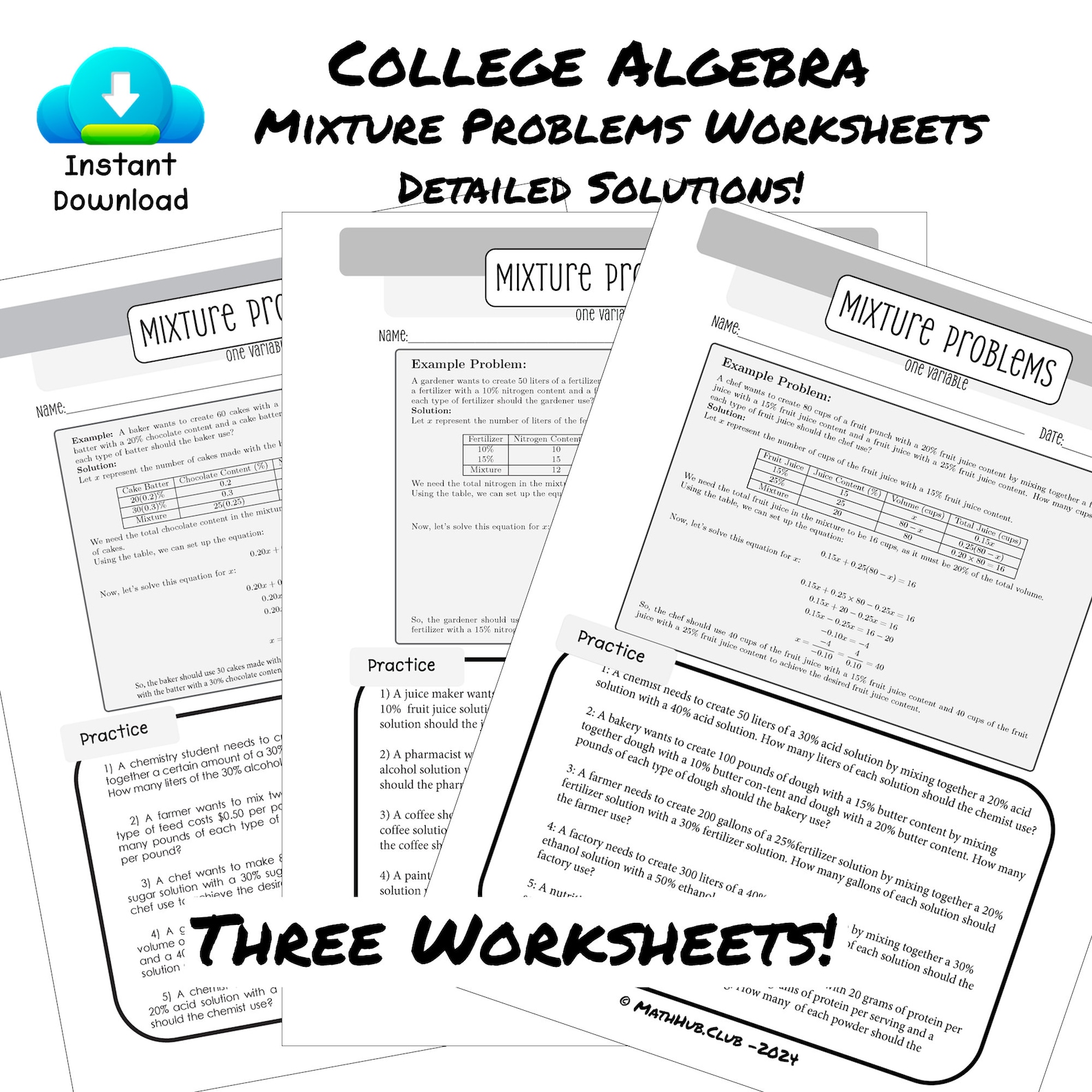 College Algebra Mixture Problems Worksheets With Detailed Solutions ...