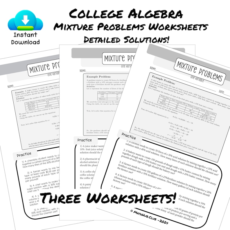 College Algebra Mixture Problems Worksheets With Detailed Solutions - STEM Math Resource PDF - Etsy