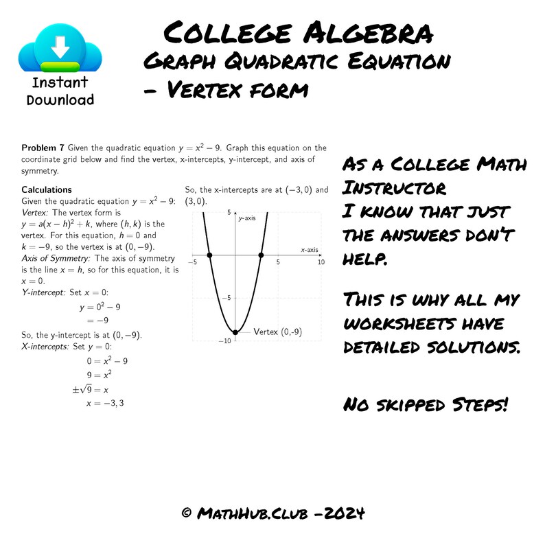 Quadratic Equations Worksheet Bundle: Vertex Equation Graphing ...