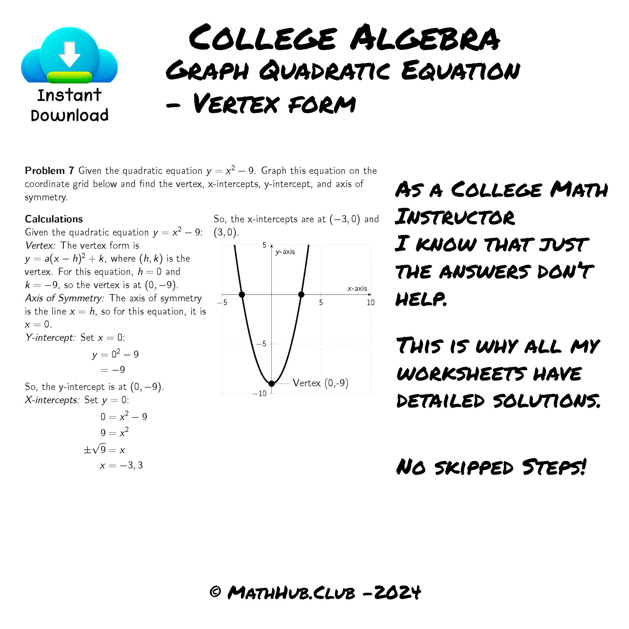 Quadratic Equations Worksheet Bundle: Vertex Equation Graphing ...