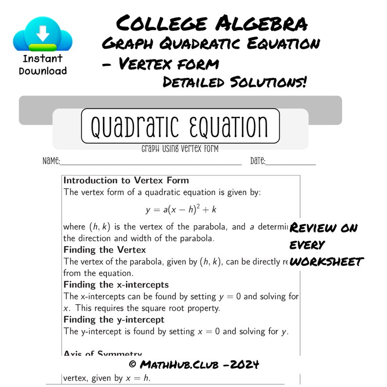 Quadratic Equations Worksheet Bundle: Vertex Equation Graphing ...