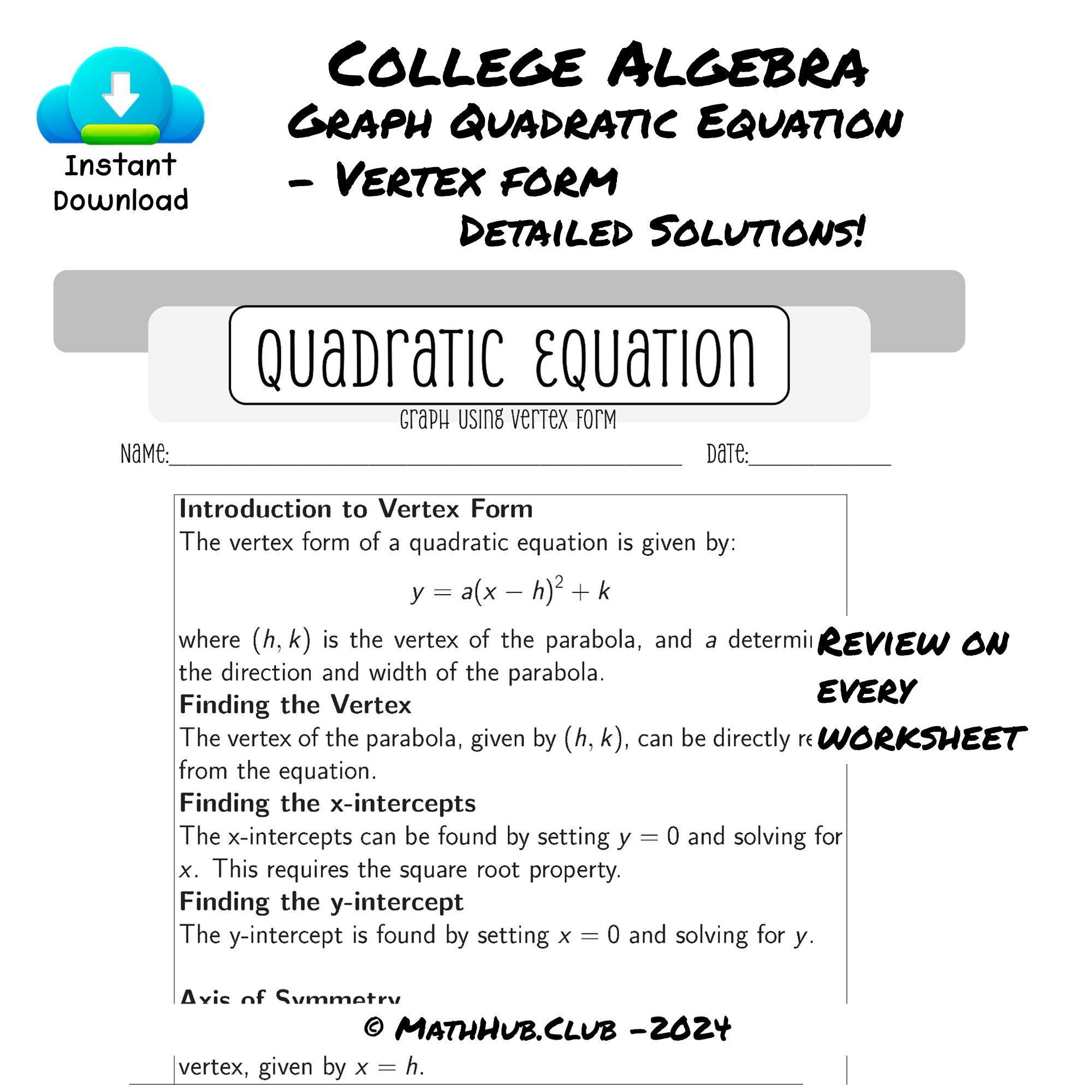 Quadratic Equations Worksheet Bundle: Vertex Equation Graphing ...