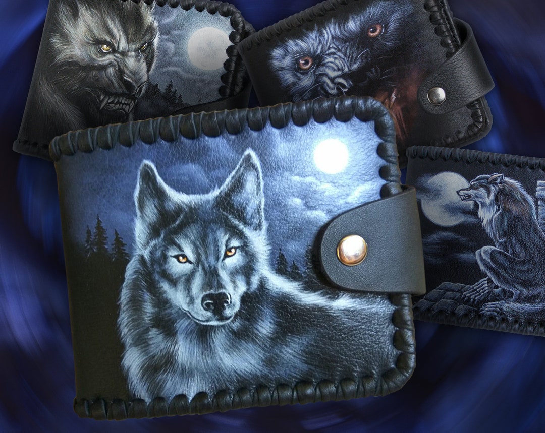Wolf and Moon. Handpainted Horror Leather Wallet. Personalized Custom ...