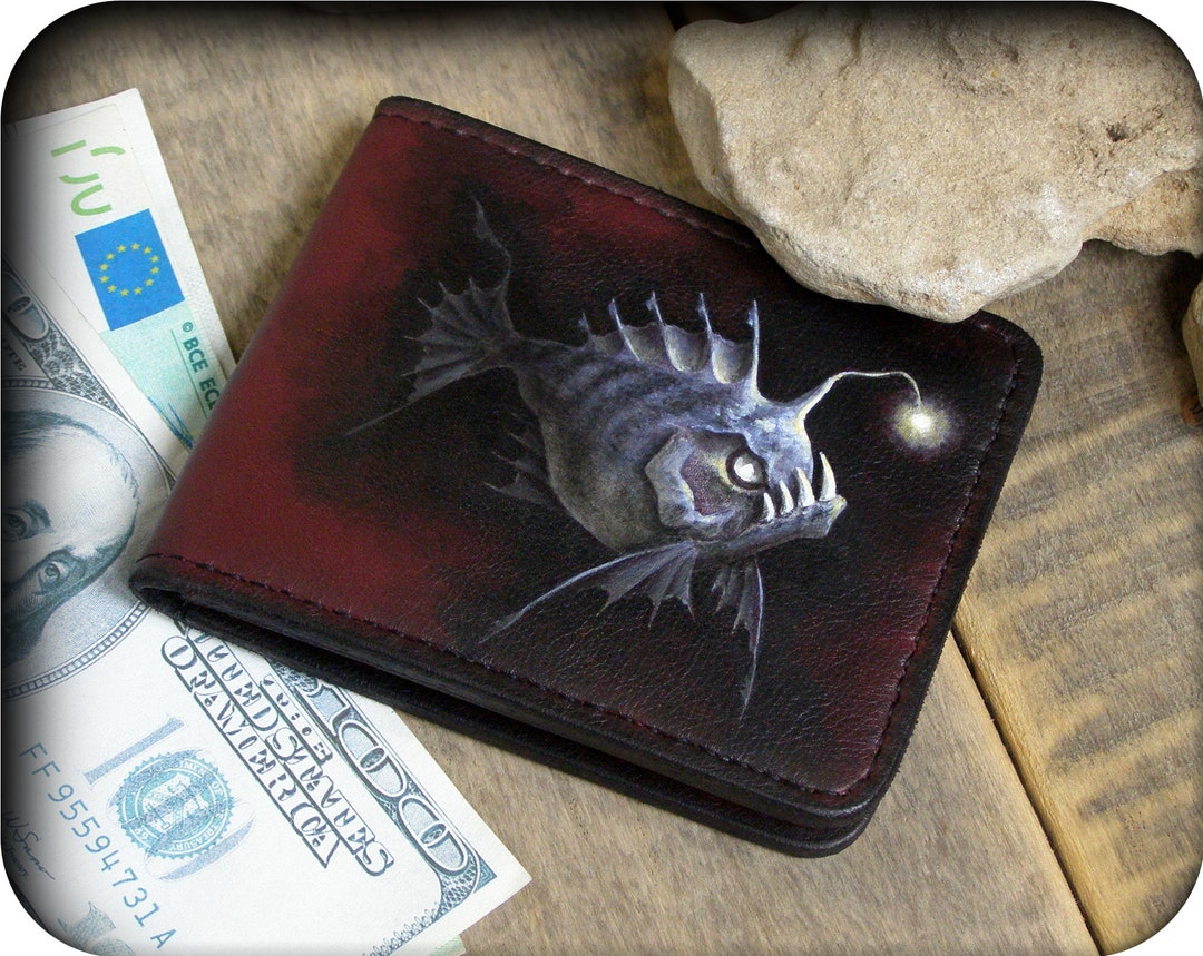 Scary Fish, Deep Sea Monster Art on Flat Leather Wallet, Predatory ...