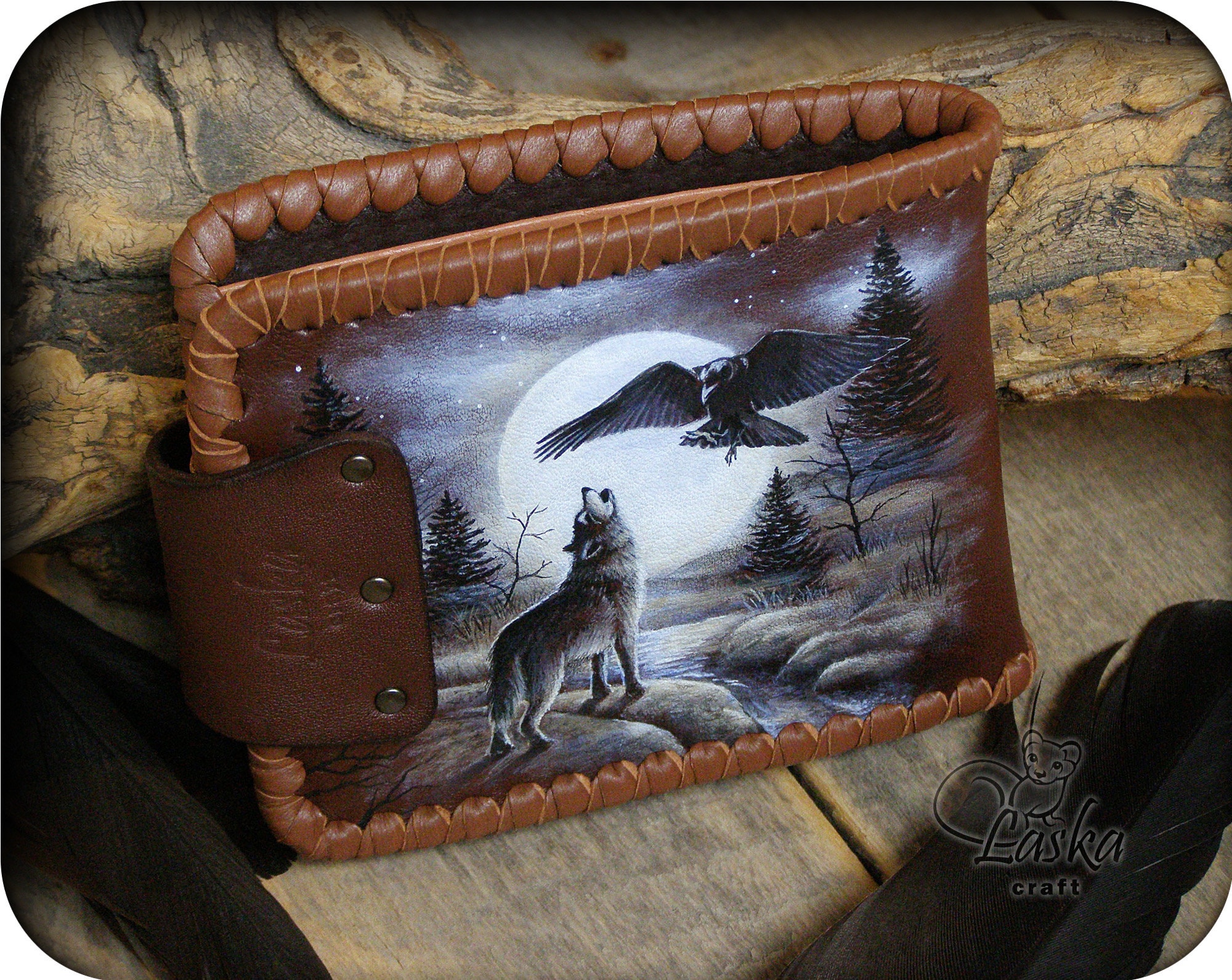 Wolf and Raven. Brown Leather Wallet With Hand Drawing. Custom - Etsy