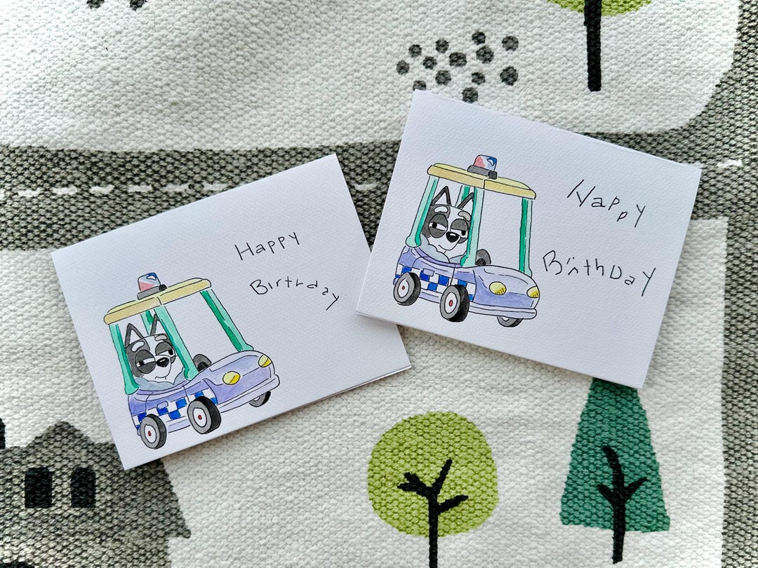Watercolor Bluey Greeting Card Disney Muffin Heeler Cop Car Skipped ...