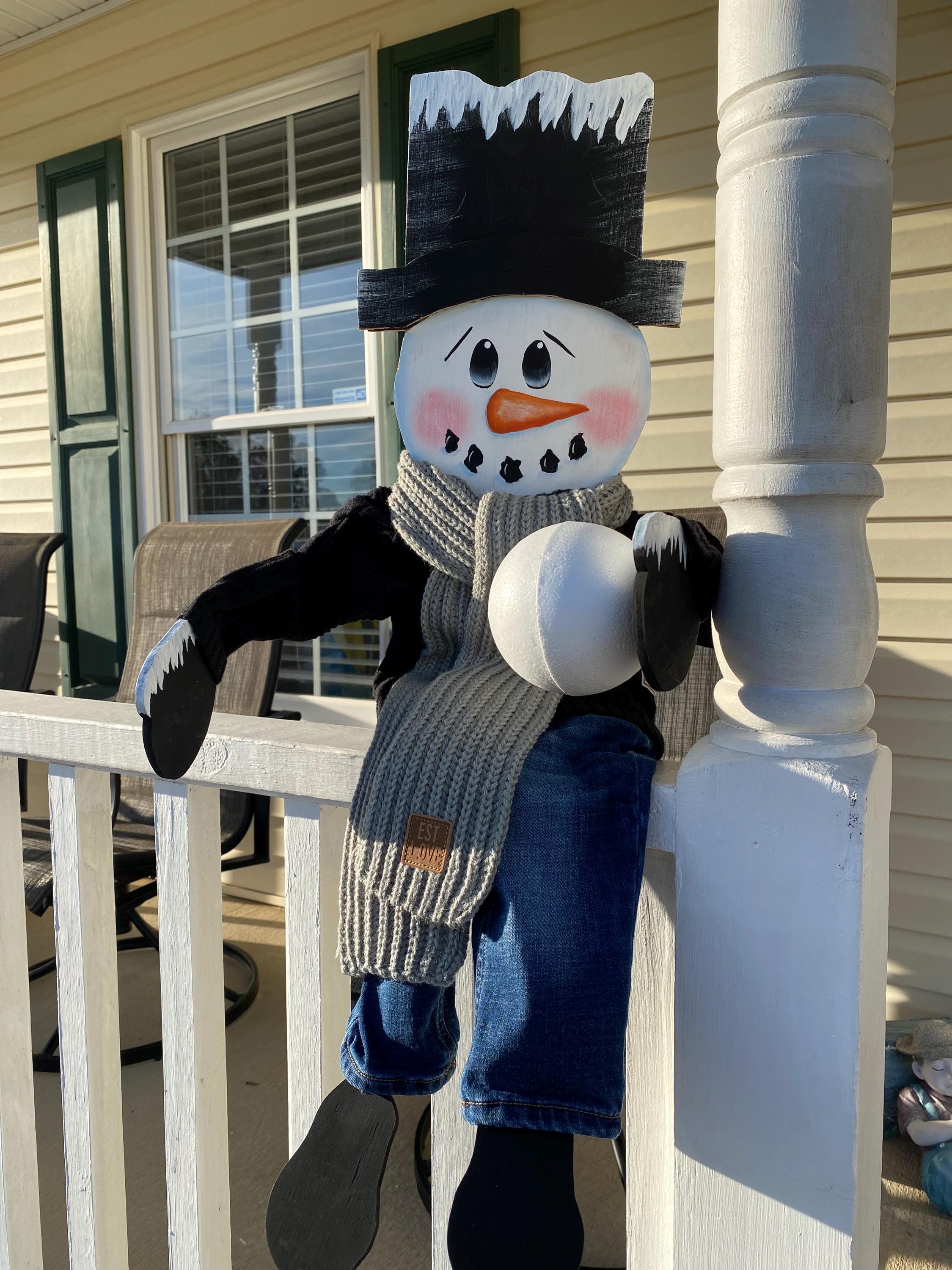 Handmade Bench Sitter, Winter Yard Art, Snowman Outside Decor, Porch ...