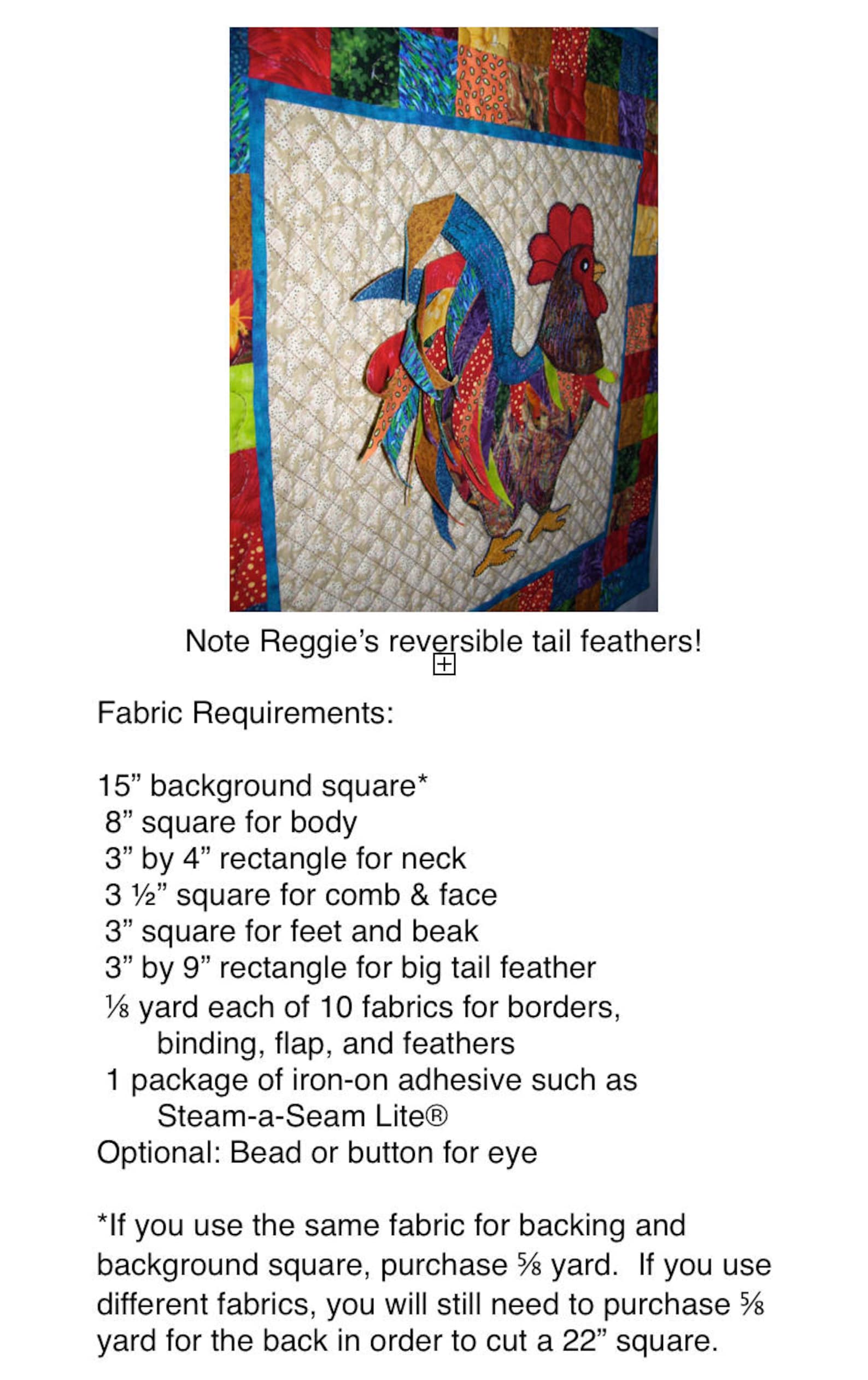 Reginald Rooster Quilt Pattern - Etsy
