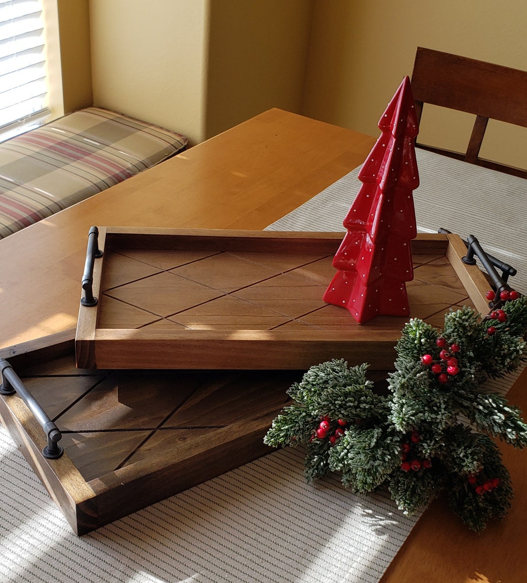 Handmade Wood Tray With Metal Handles – NEW Diamond Pattern Farmhouse ...