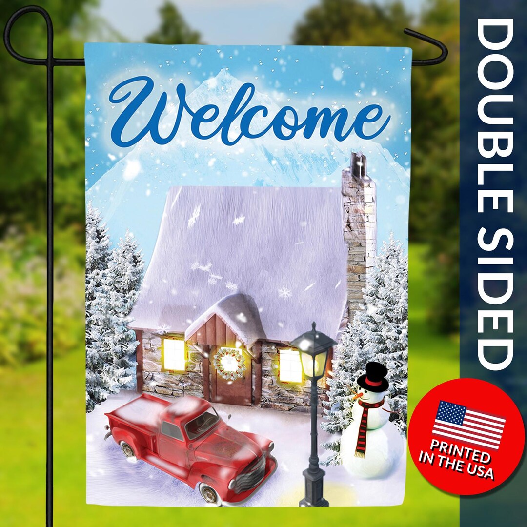 Winter Welcome Truck Double Sided Flag - Red Pickup Cabin, Mountain ...