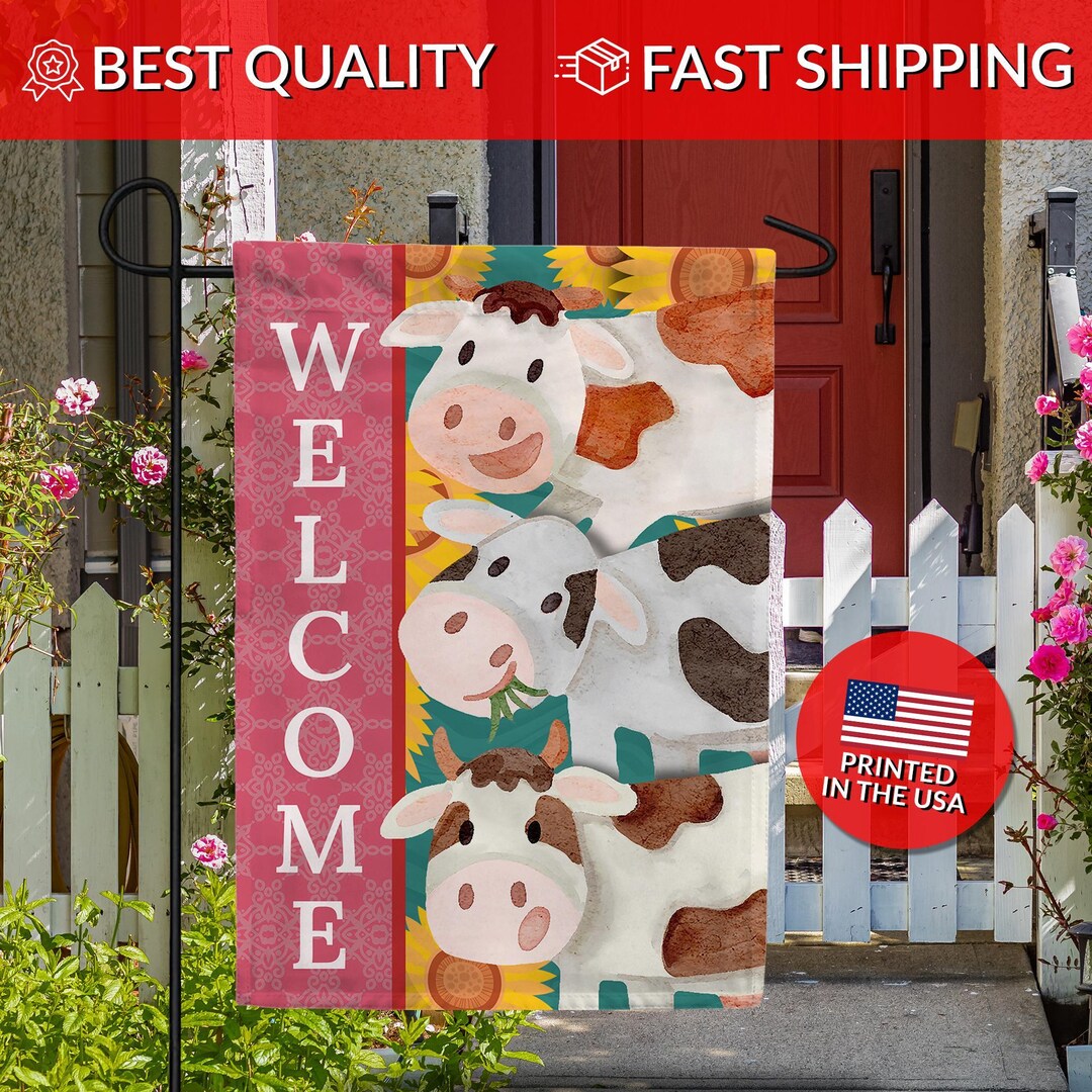 Welcome Cow Garden Flag - Welcome Sign, Funny Cow Decor, Sunflower ...