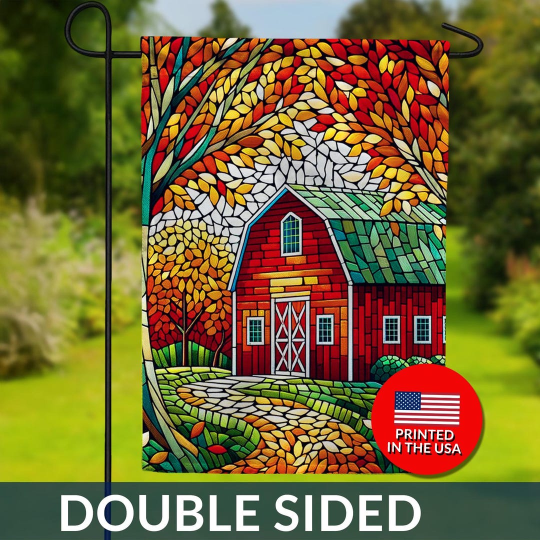 Autumn Barn Mosaic Double Sided Flag - Fall Barn Flag, Golden Leaves ...