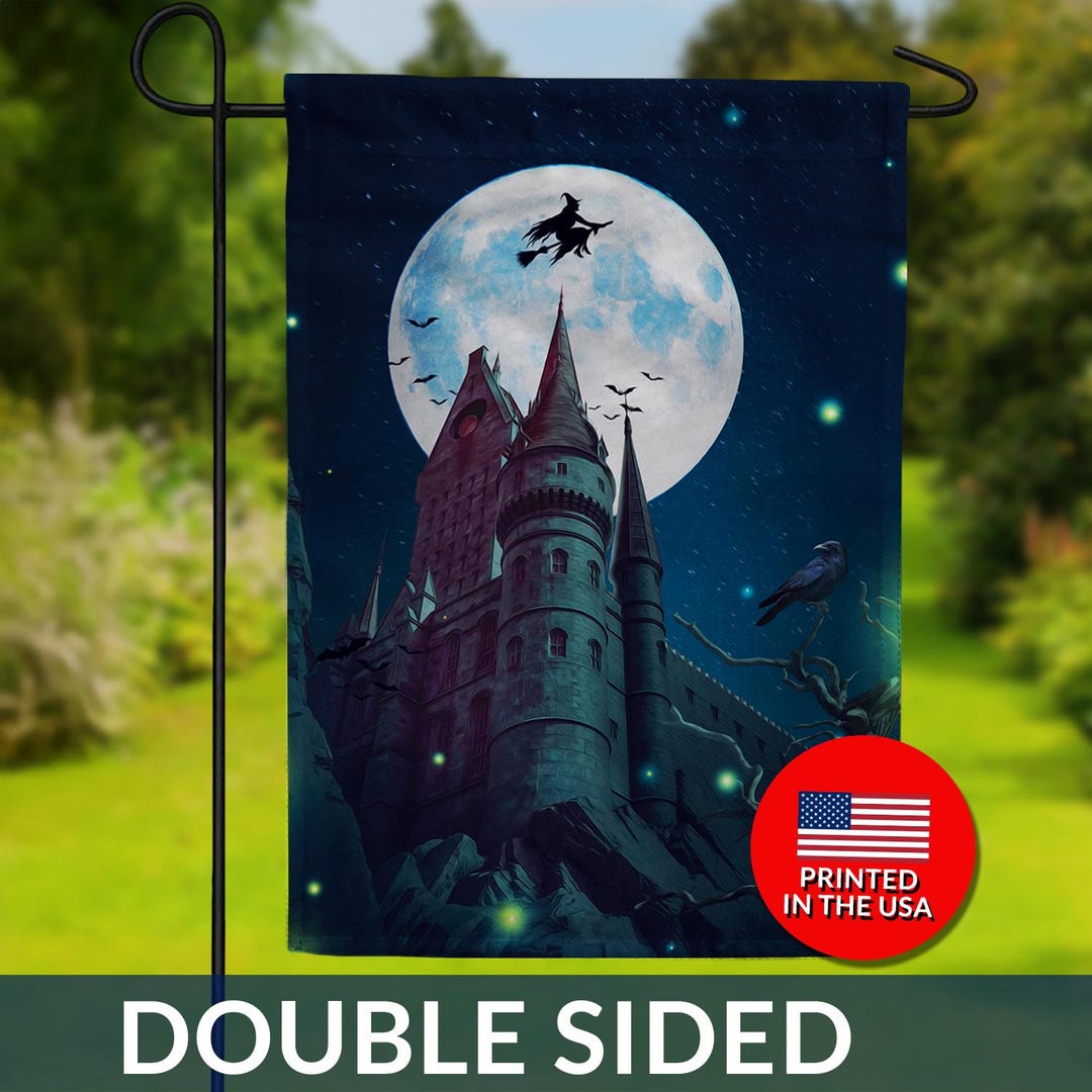 Gothic Haunted Castle Halloween Flag – Witch Flying Over Moon - Etsy