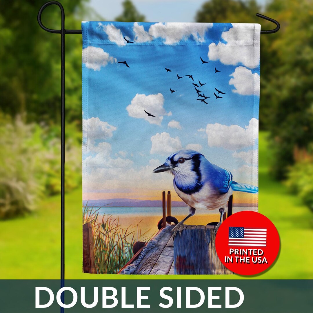 Blue Jay at Beach Double Sided Flag - Coastal Bird Flag, Wharf Mountain ...