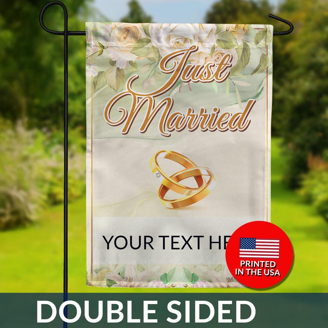 Personalized Just Married Garden Flag – Intertwined Rings, Floral ...