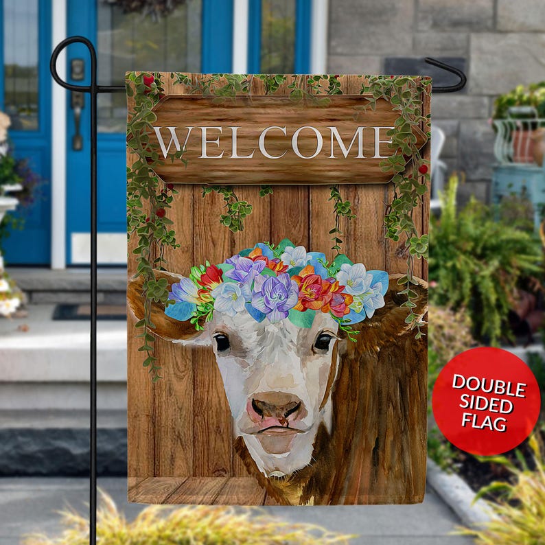 Cow Welcome Flag – Flower Crown Heifer, Farmhouse Decor - Etsy
