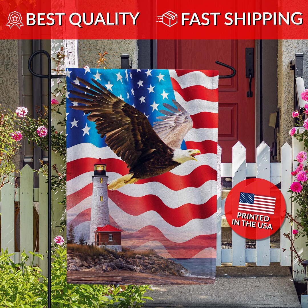 Bald Eagle and Lighthouse Flag - Patriotic USA Flag, Coastal Decor ...